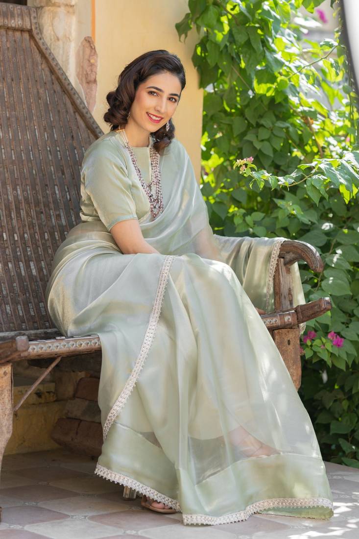 Light Pista Colour Soft Jimi Silk Border Lace Ready To Wear Saree ...