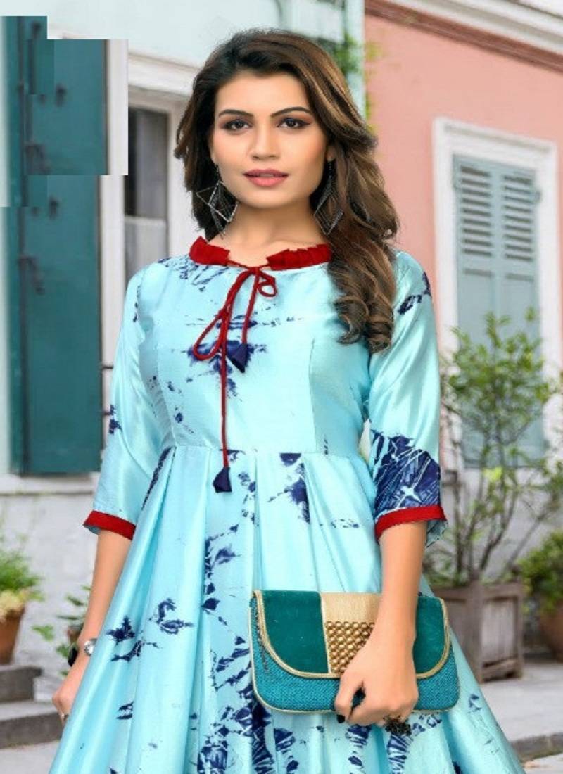 Aqua blue printed satin flared long dresses - Panjari Store - 4284757