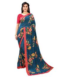 Latest design morpich color georgette printed sari with blouse piece ...