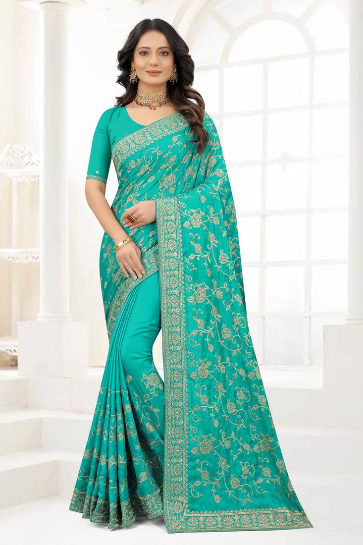 Turquoise zari embroidered stone border satin silk party wear saree ...