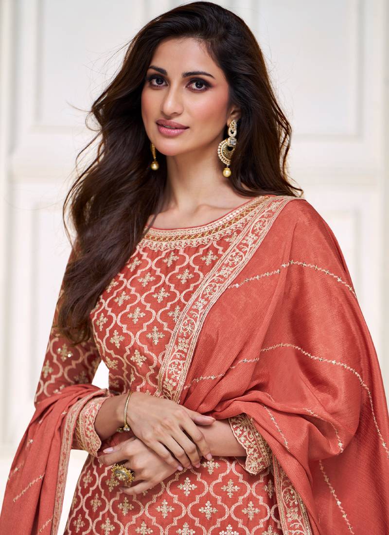 Designer Orange Chinon Straight Suit For Women - KREATAGHNA COLLECTION ...