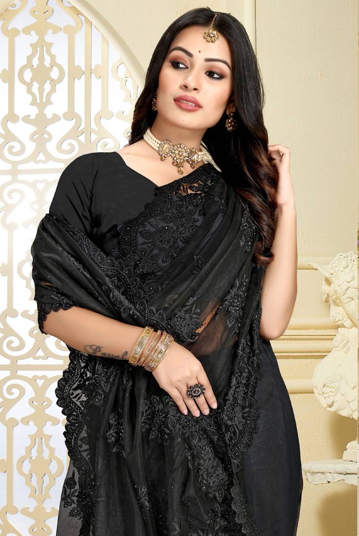 Designer Black Resham Embroidery Moti Stone Work Net Saree - Nikunj ...