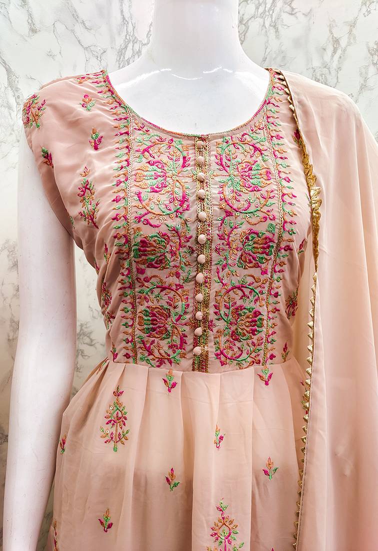 Peach color georgette embroidered stitched sharara suit - Hirpara House ...