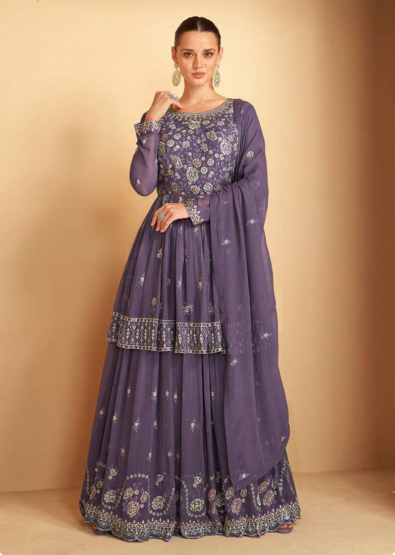 Dark grey color georgette stitched embroidered designer sharara suit ...