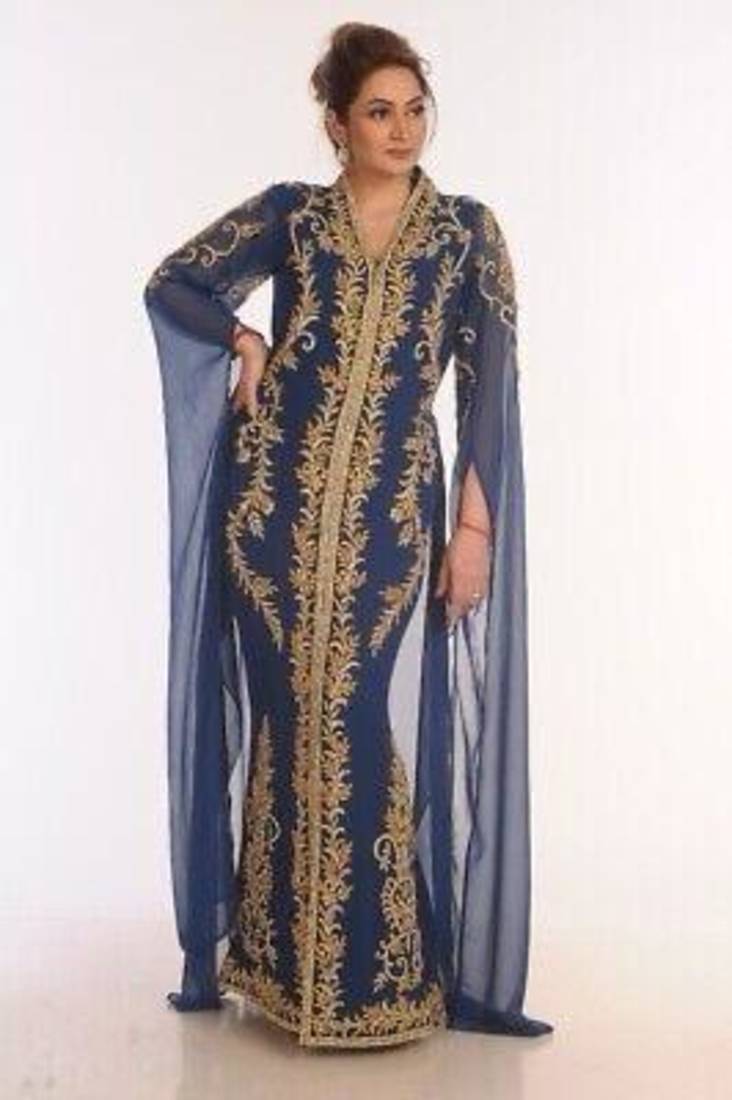 Blue Handcrafted Zari work Stitched Georgette Kaftan Party Dress - Sara ...