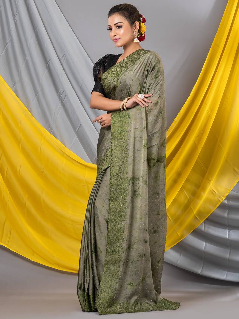 Mahalasa Mehandi Border Designer Silk Blend Saree With Unstitched ...
