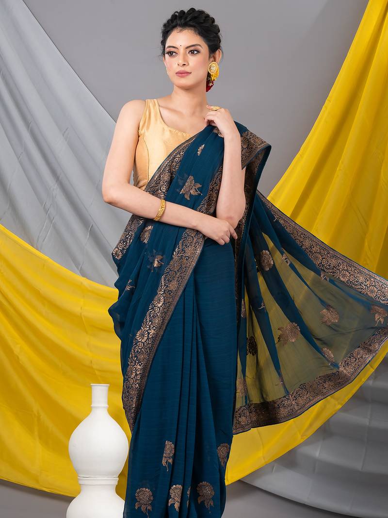 MAHALASA Dark Blue Floral Zari Embellished Georgette Designer Saree ...