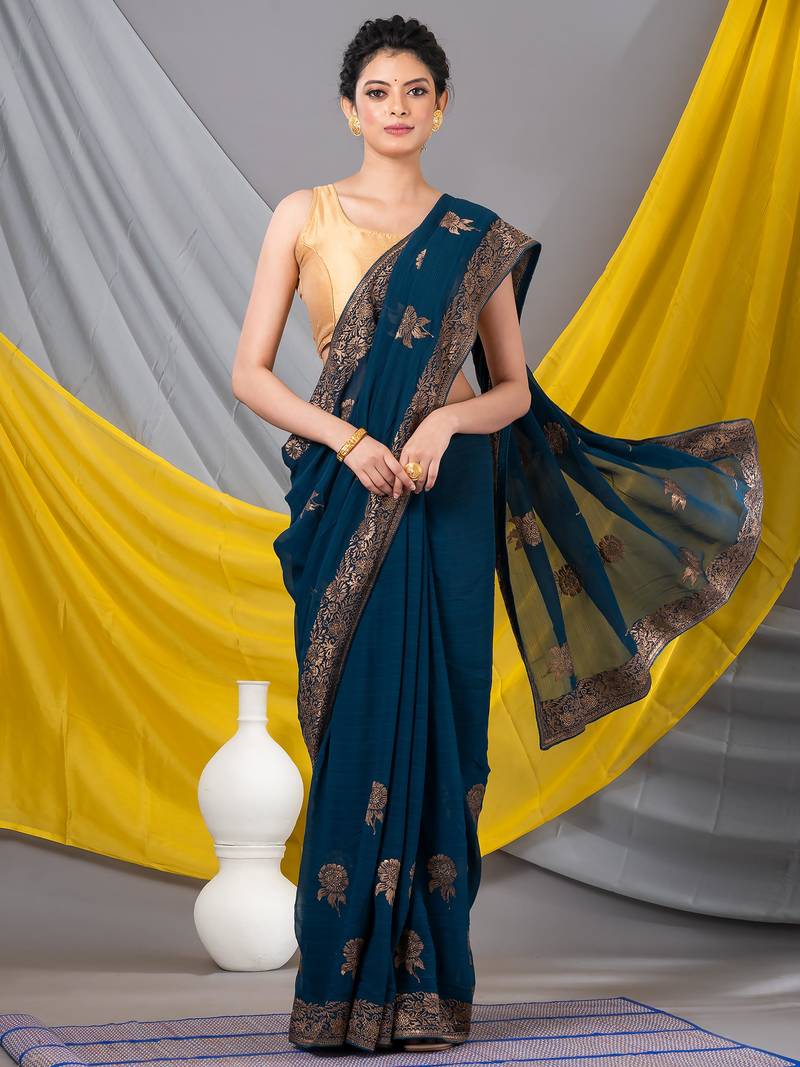 MAHALASA Dark Blue Floral Zari Embellished Georgette Designer Saree ...