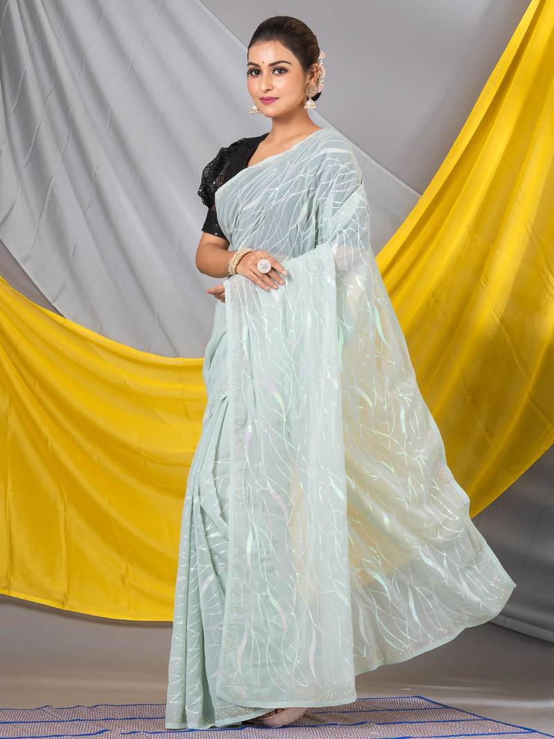 MAHALASA Blue Georgette Designer Saree With Unstitched Blouse ...