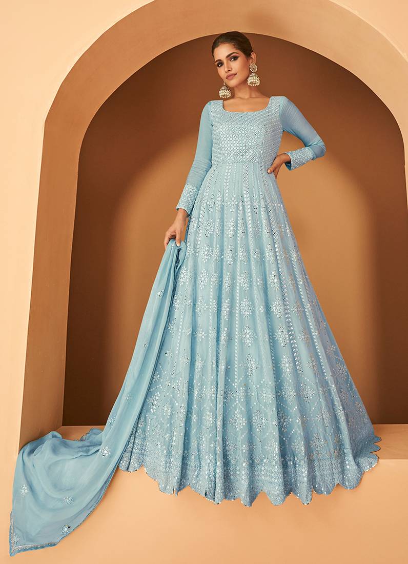 Sky blue color satin georgette embroidered designer suit - Monjolika ...