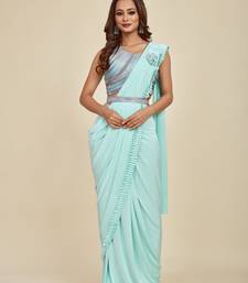 MAHALASA Cyan Solid/Plain Lycra Blend Ready To Wear Saree With stitched ...