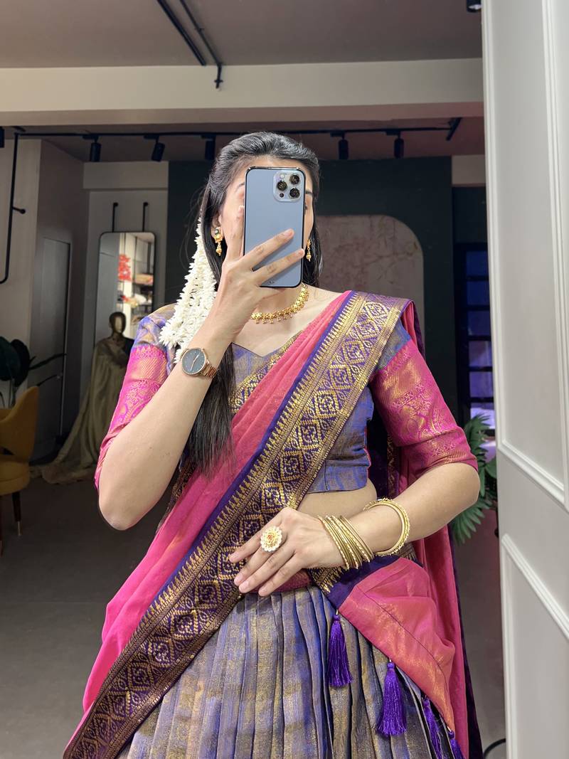 Navy Blue Kanjivaram Style Zari Weaving Work Lehenga Choli Set - Yana ...