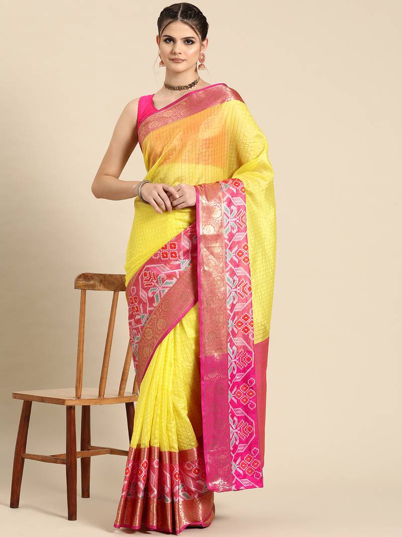 Silk land yellow checked banarasi silk saree with unstitched blouse ...