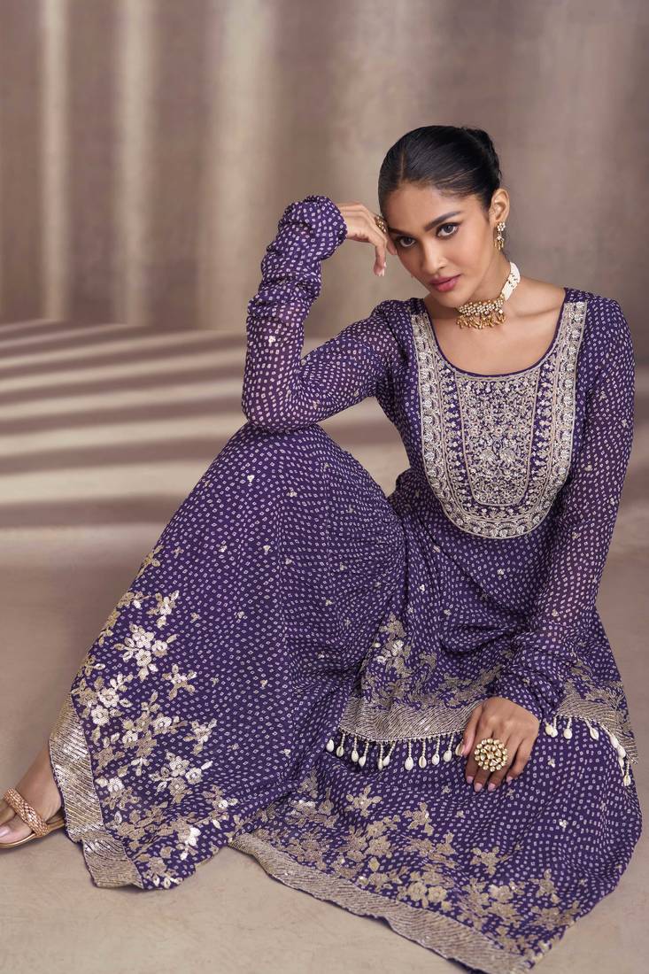 Purple Embroidered Georgette Stitched Straight Suit Up To 42" Size ...