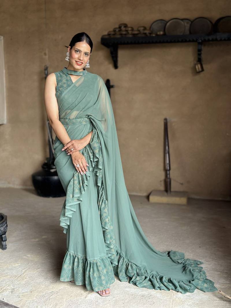 Most Beautiful Designer Ruffle saree In Faux Georgette WITH UN-STITCHED ...