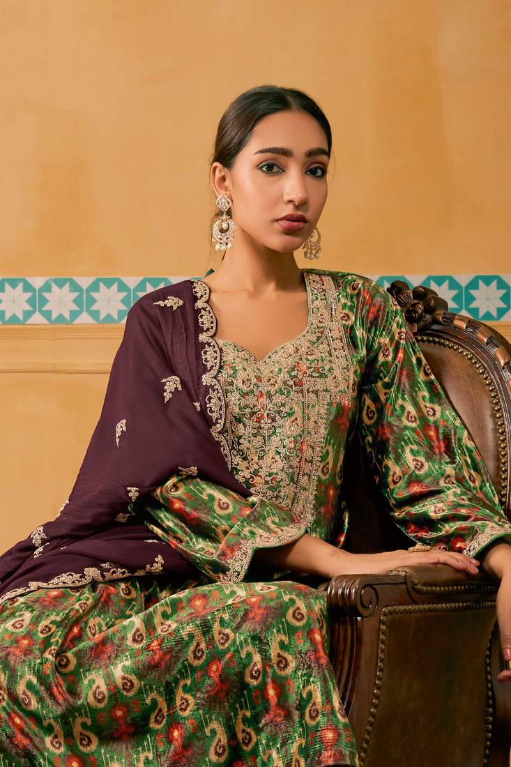 Blue Embroidered Velvet Semi Stitched Straight Suit Up To 42" Size ...