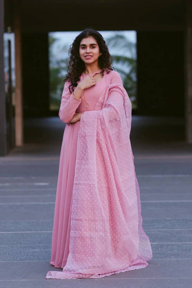 Peach color hook neck georgette anrakali gown with nylon dupatta set ...