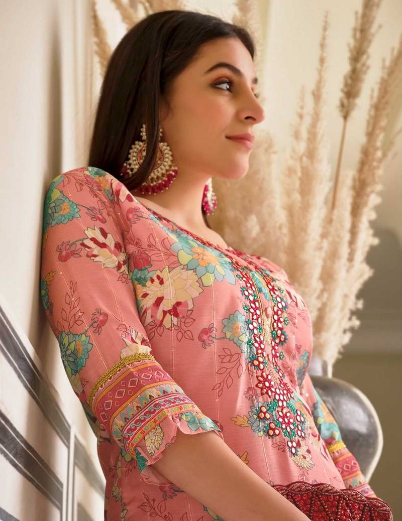 Peach floral print silk ceremonial full stitch afghani suits - Aarshi ...
