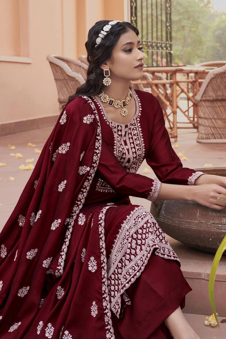 Maroon embroidered art silk semi stitched straight suit. - Maahi Styles ...