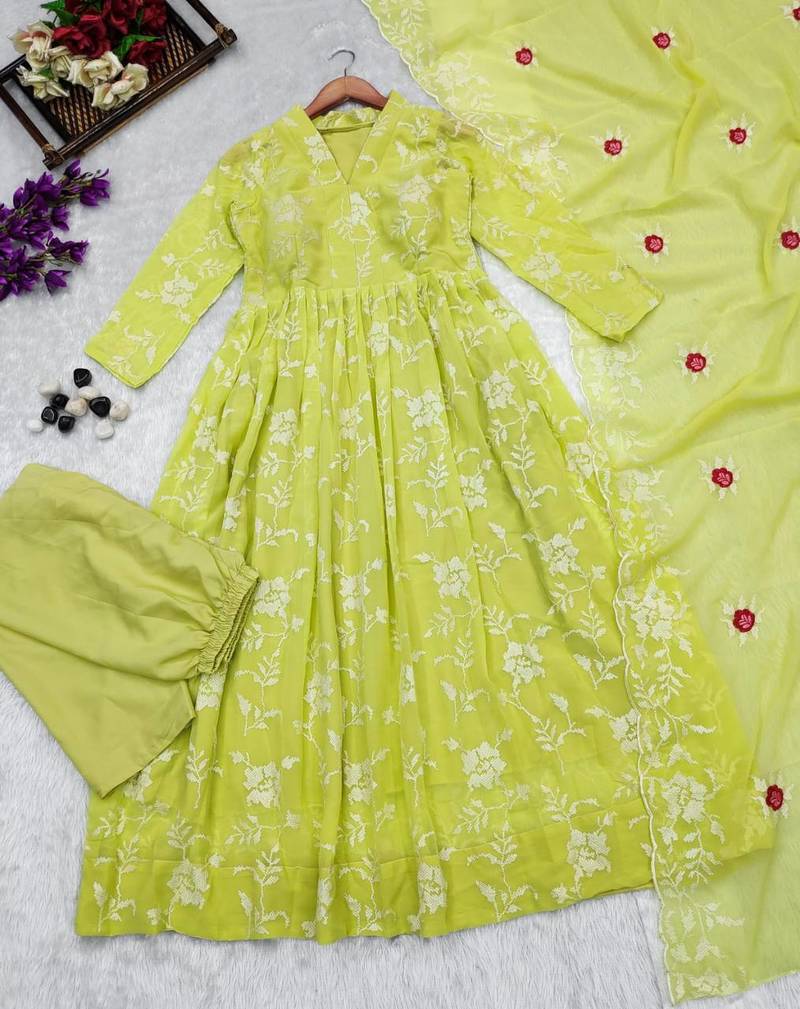 Lime yellow anarkali gown pant with dupatta set - CREATIONBYAAROHI ...