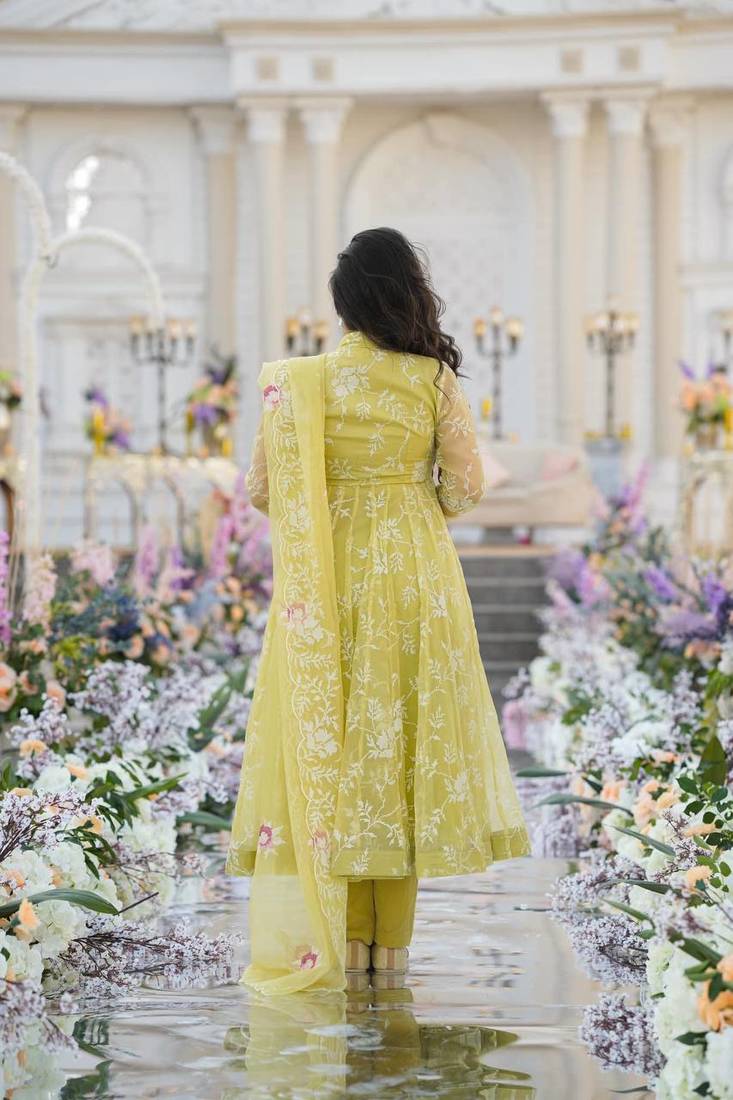 Lime yellow anarkali gown pant with dupatta set - CREATIONBYAAROHI ...