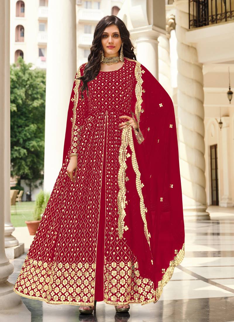 Red Georgette Front Slit Anarkali Suit - KREATAGHNA COLLECTION - 4325918