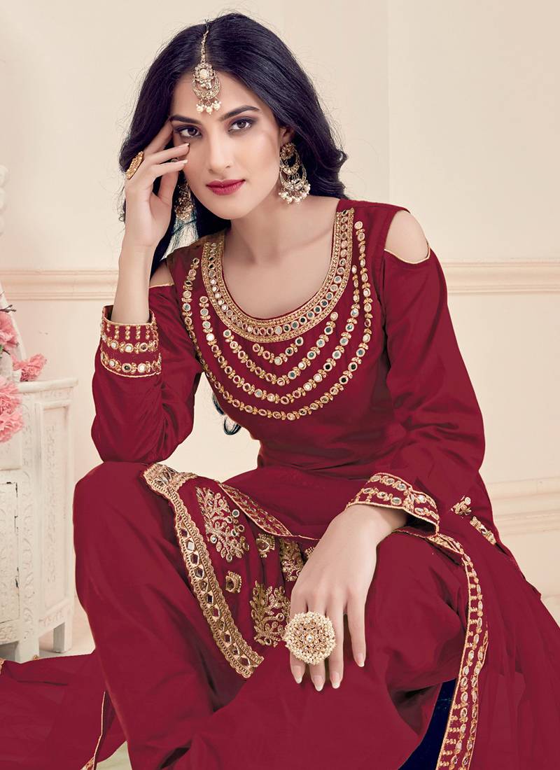 Silk Real Mirror Patiala Set in Red - KREATAGHNA COLLECTION - 4326222