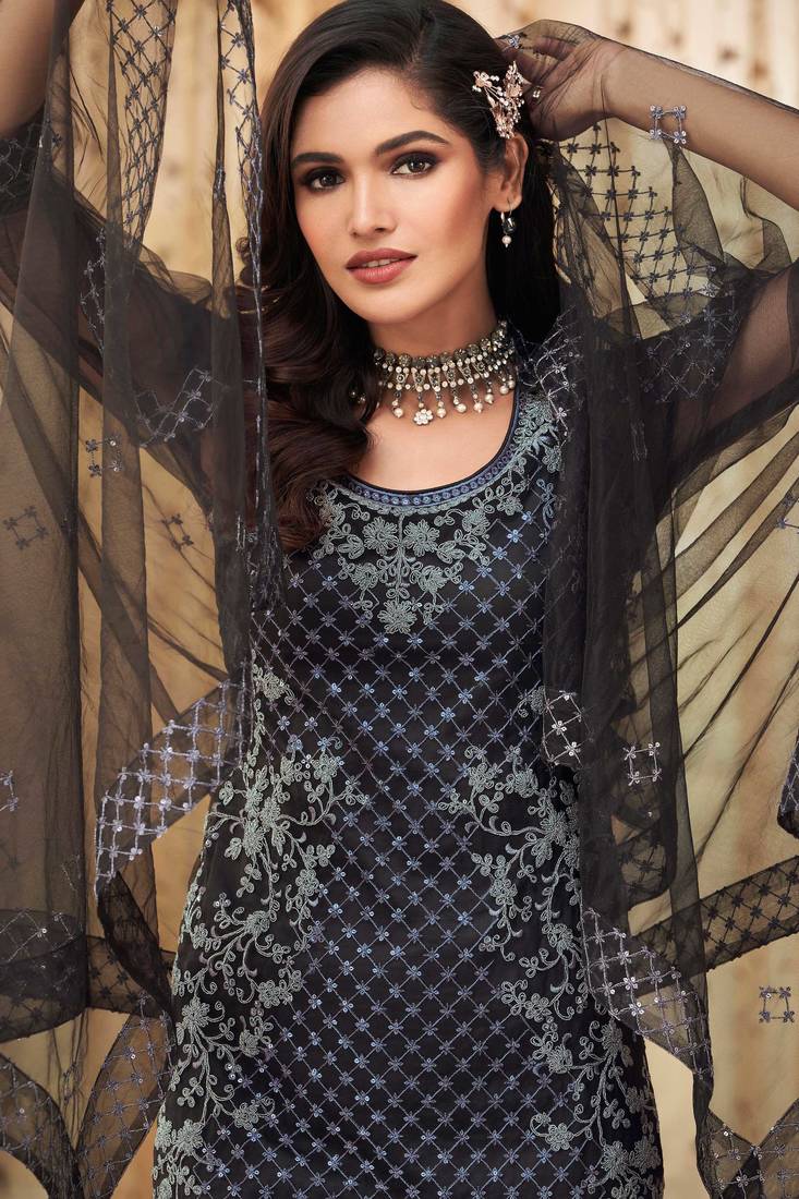 Black Embroidered Net Semi Stitched Straight Suit Up To 42" Size ...