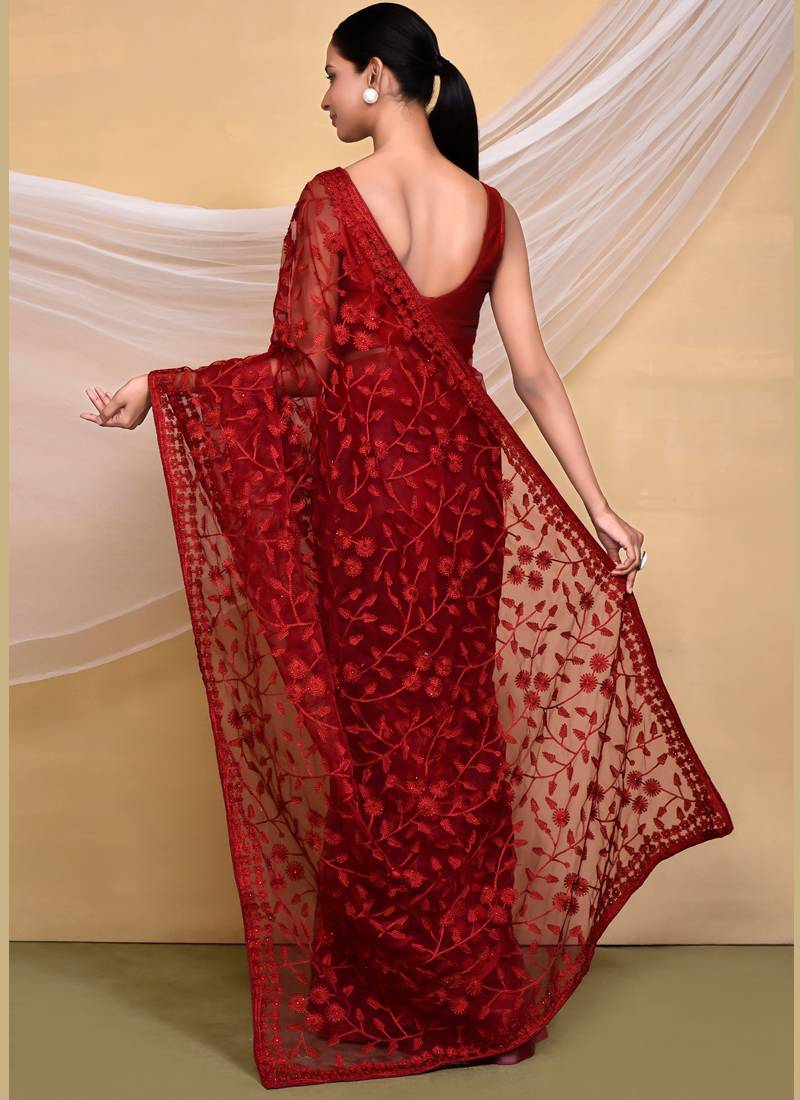 Maroon net woven saree with unstitched blouse piece - Mahotsav E ...