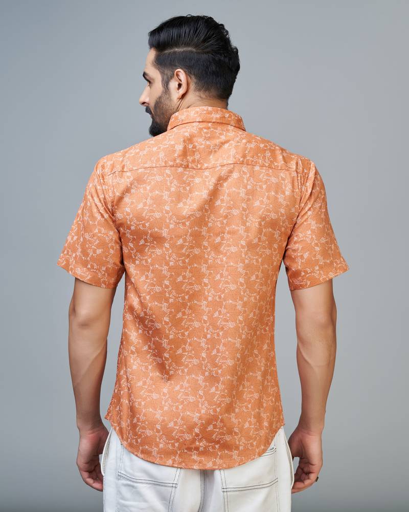 Orange Printed Cotton Casual Men-Shirts - Reeta Fashion - 4328002