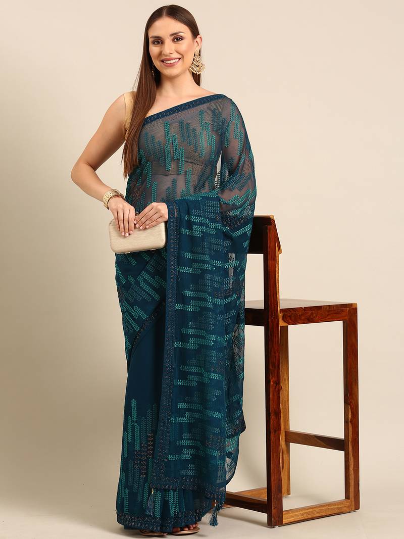 Mahalasa Petrol Color Floral Threadwork Chiffon Saree - MAHALASA - 4328686