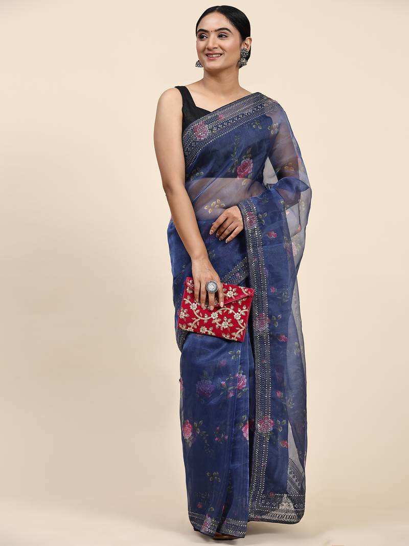 Blue handwork flower digital printed organza saree with blouse - Vamsee ...