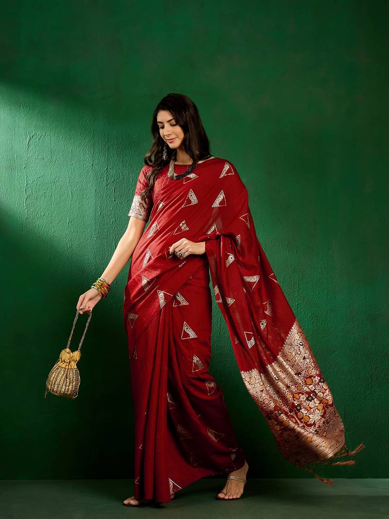 Mahalasa Maroon Geometric Pattern Jequard Saree For Women - MAHALASA ...