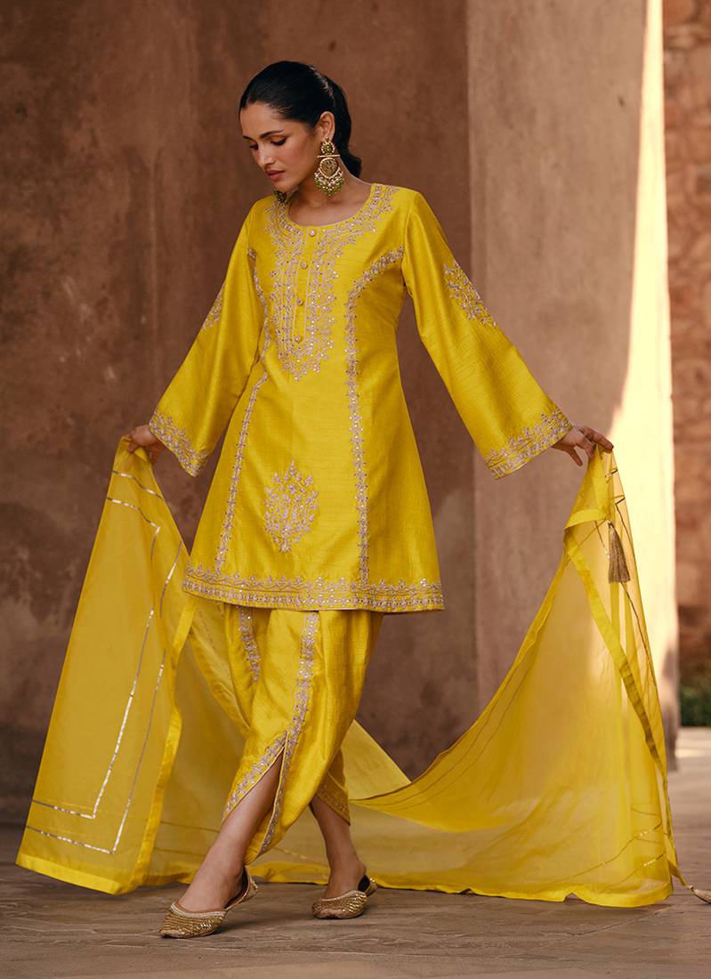 Yellow color premium silk embroidered stitched designer dress ...