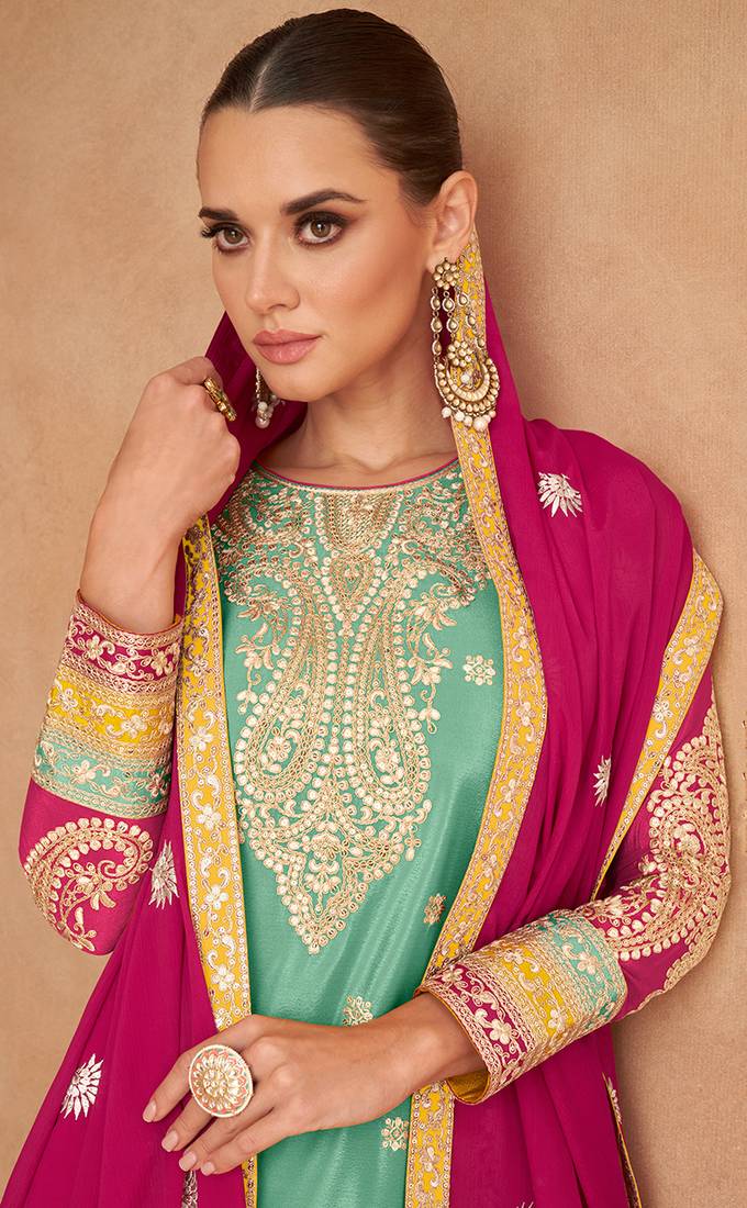 Light cyan colour chinon silk stitched embroidered palazzo dress ...