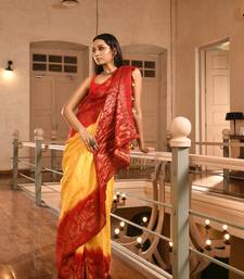 Yellow matka silk red taidai jacquard saree - Angoshobha - 4333336