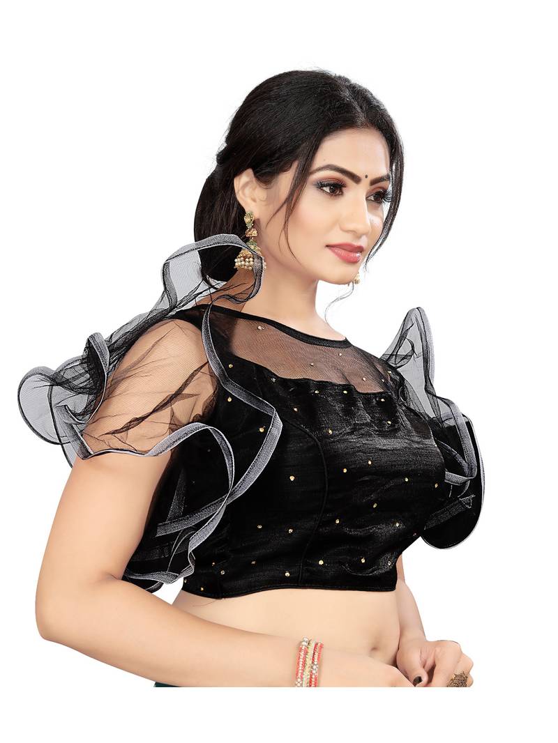 Black Satin Full Diamond Work Readymade Blouse - Reeta Fashion - 4335599