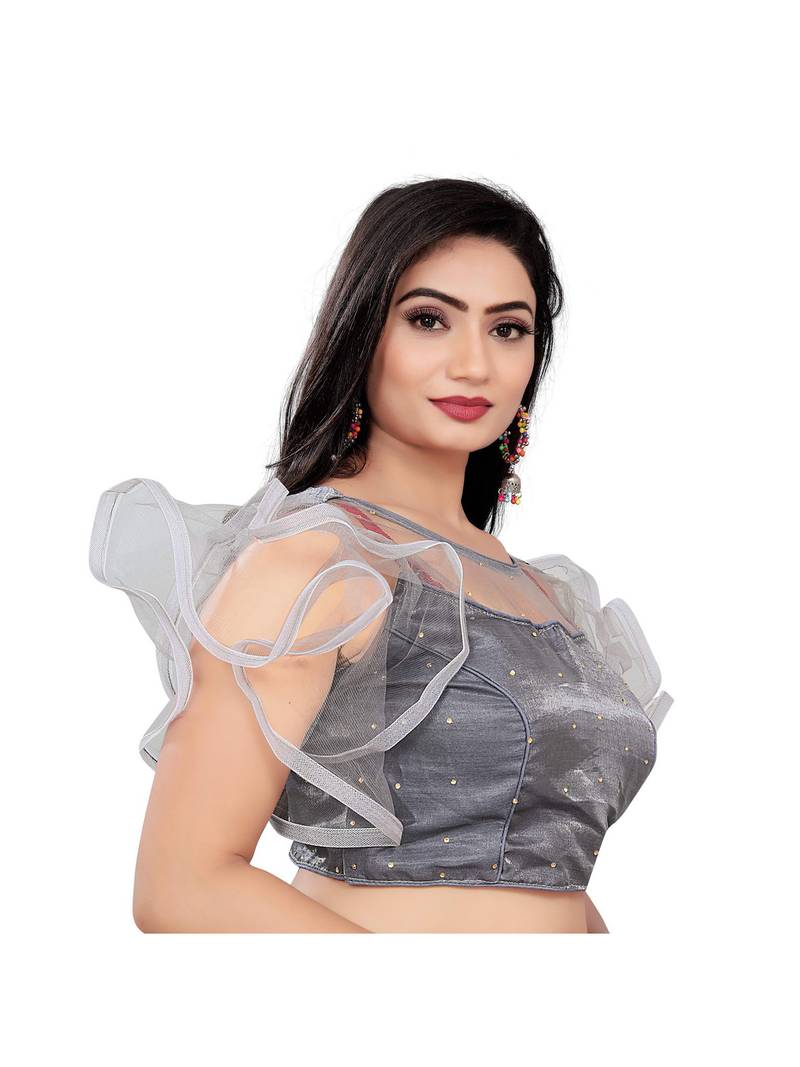 Grey Satin Full Diamond Work Readymade Blouse - Reeta Fashion - 4335601
