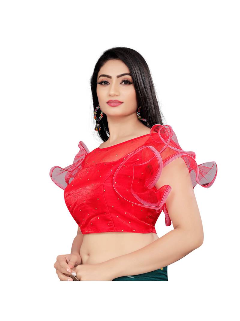 Red Satin Full Diamond Work Readymade Blouse - Reeta Fashion - 4335606
