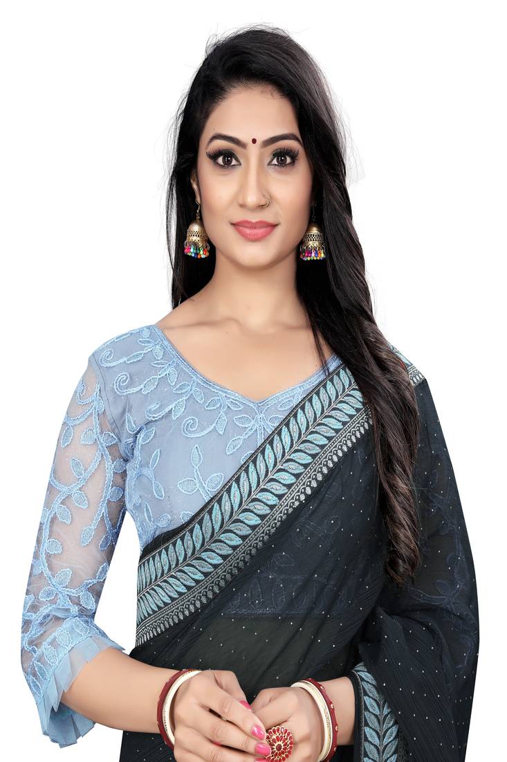 Grey Nylon Net Full Cording Embroidery Work Readymade Blouse - Reeta ...