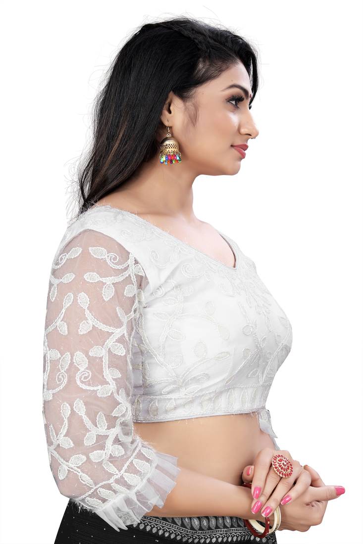 White Nylon Net Full Cording Embroidery Work Readymade Blouse - Reeta ...