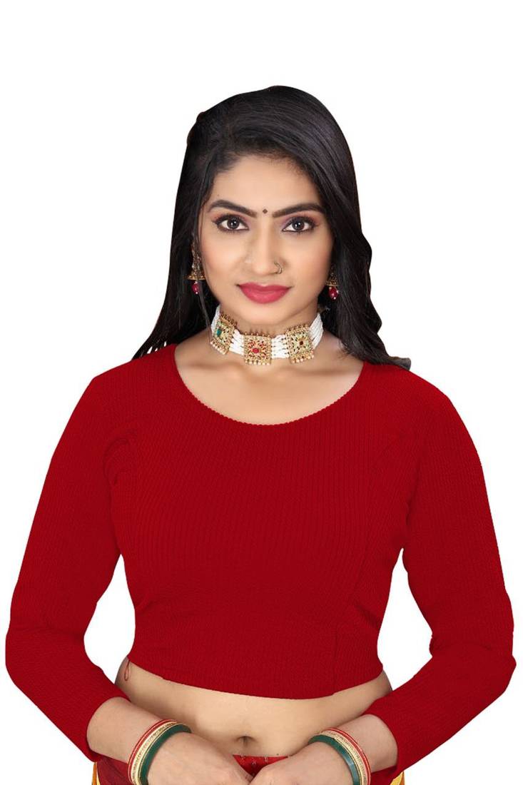 Red Woolen Plain Readymade Blouse - Reeta Fashion - 4335808