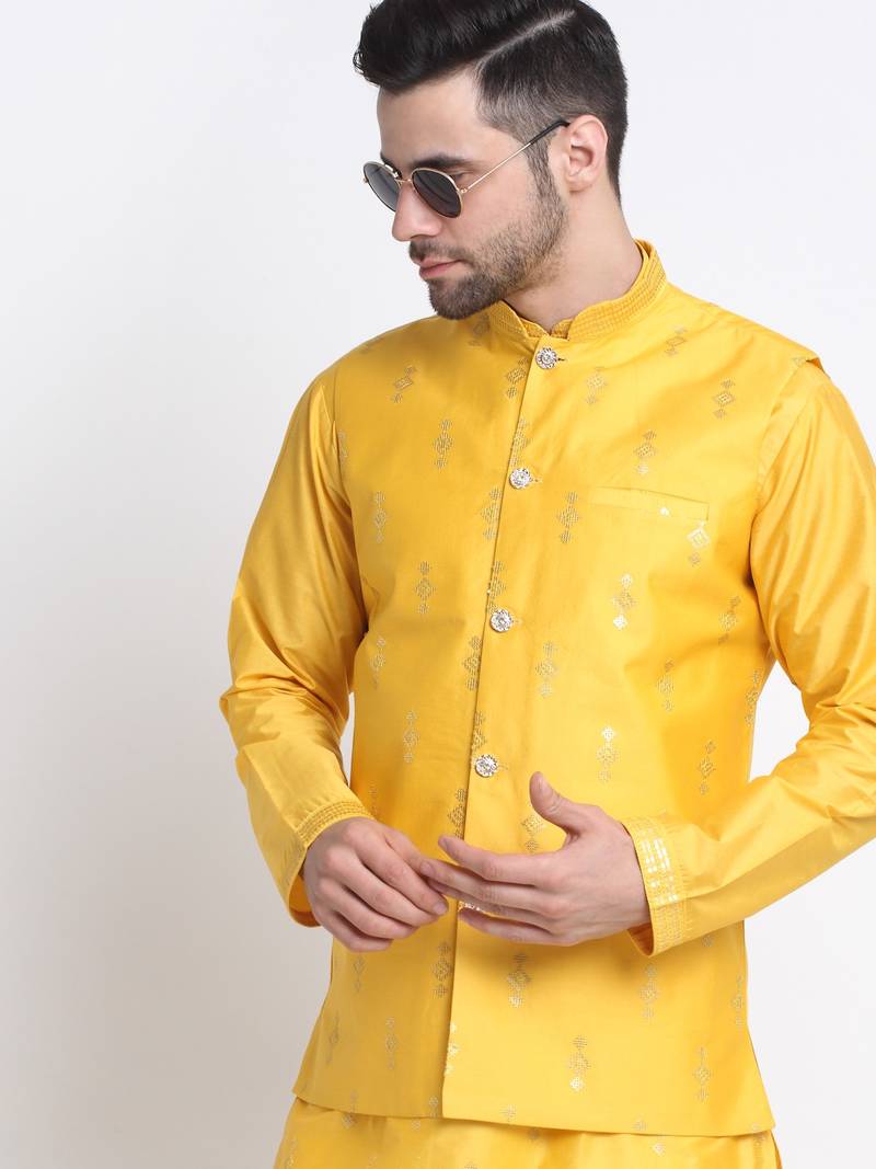 Men Sequence Embroided Yellow Kurta Churidar with Yellow Nehru Jacket ...