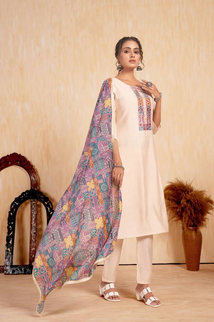 Beautiful off white colour viscose silk fabric smart readymade girlish ...