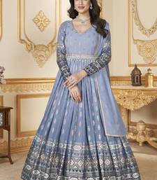 Grey metalic foil work faux georgette festive anarkali salwar suit with ...