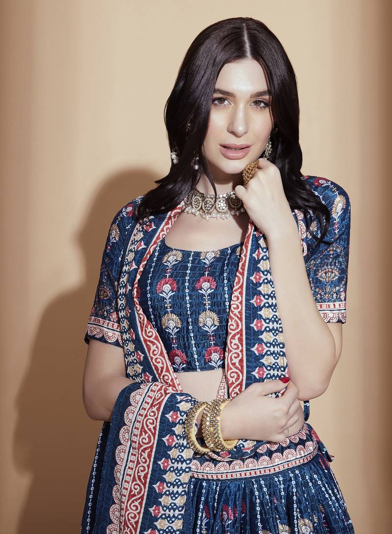 Seductive blue digital print with crochet embroidered chinon lehenga ...