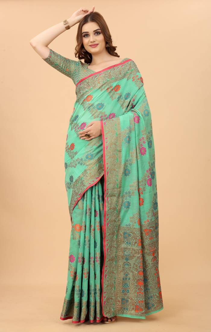 Korams Design Firozi Designer Cotton LInen Woven Saree With Blouse For ...