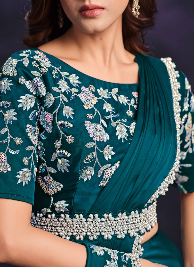 Turquoise blue crape satin silk embroidered ready to wear saree with ...