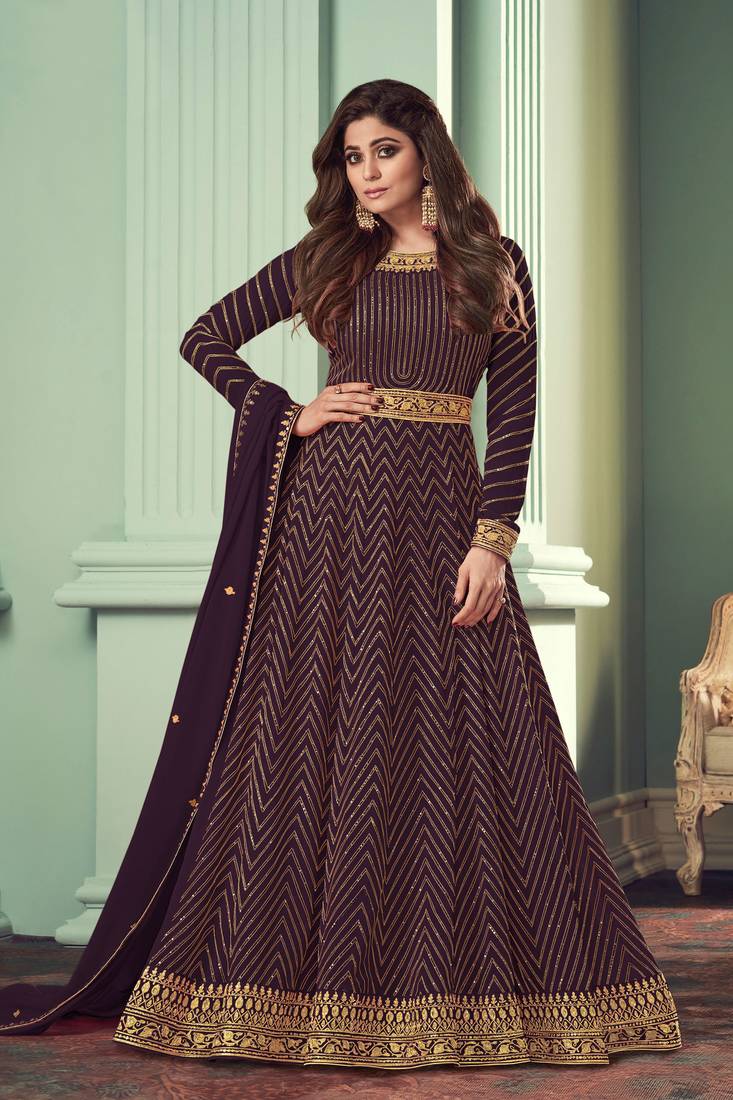 Purple Embroidered Georgette Stitched Anarkali Suit Up To 42" Size ...