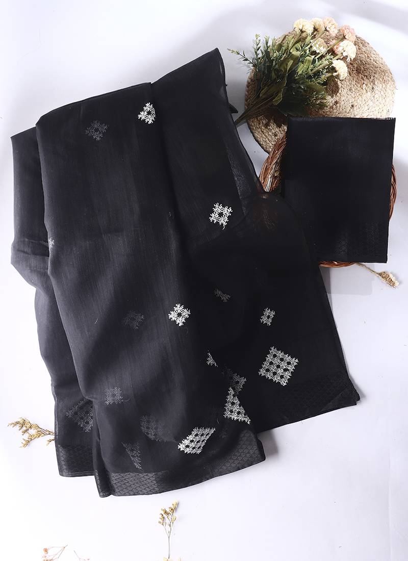 black chanderi Saree with Unstiched blouse - Classiques - 4344768